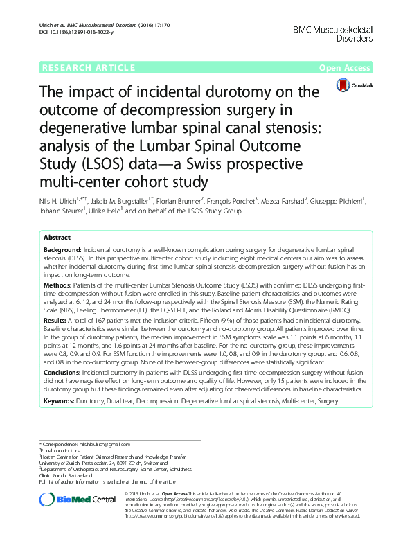 (PDF) The impact of incidental durotomy on the outcome of decompression ...