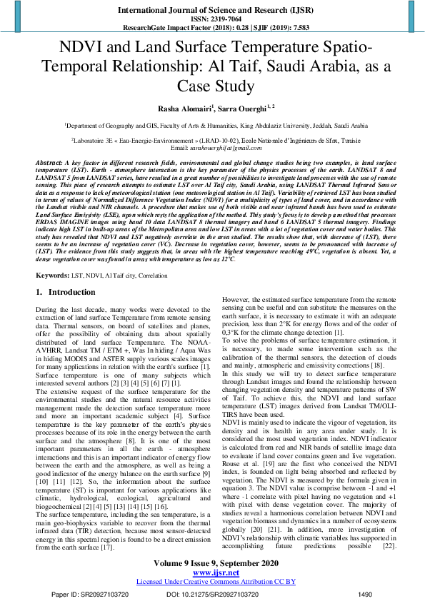 (PDF) NDVI and Land Surface Temperature Spatio-Temporal Relationship: Al Taif, Saudi Arabia, as ...