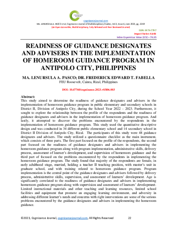 (PDF) READINESS OF GUIDANCE DESIGNATES AND ADVISERS IN THE ...