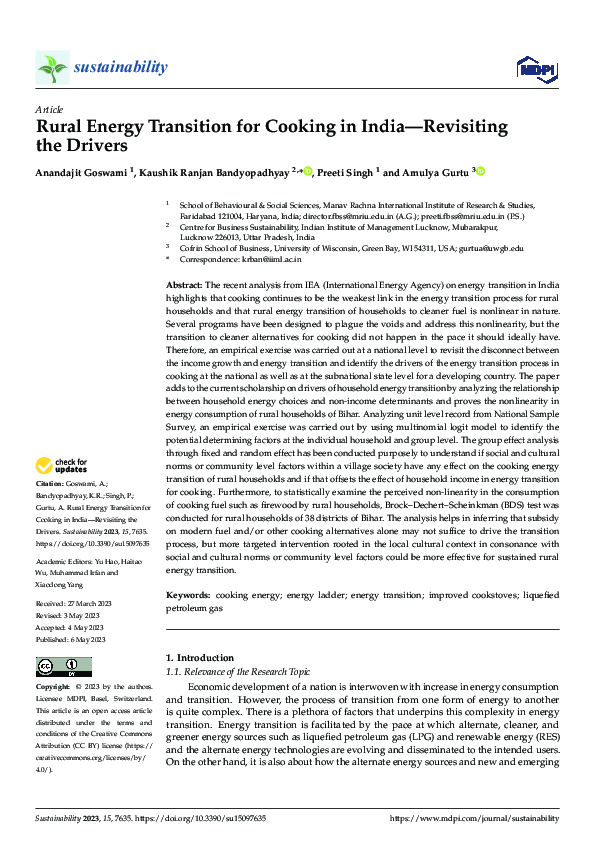 (PDF) Rural Energy Transition for Cooking in India—Revisiting the Drivers