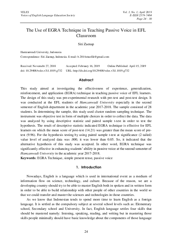 (PDF) The Use of EGRA Technique in Teaching Passive Voice for EFL Classroom