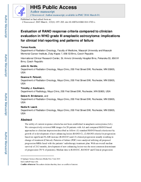(PDF) Evaluation of RANO response criteria compared to clinician evaluation in WHO grade III ...