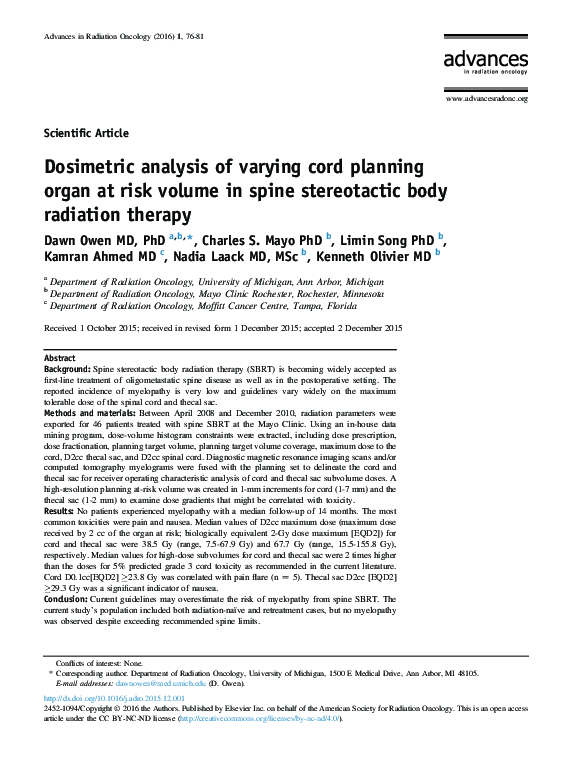 (PDF) Dosimetric analysis of varying cord planning organ at risk volume in spine stereotactic ...
