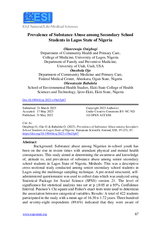 (PDF) Prevalence of Substance Abuse among Secondary School Students in Lagos State of Nigeria
