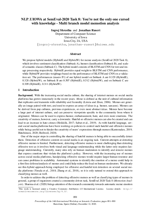 (PDF) NLP_UIOWA at SemEval-2020 Task 8: You’re Not the Only One Cursed with Knowledge - Multi ...