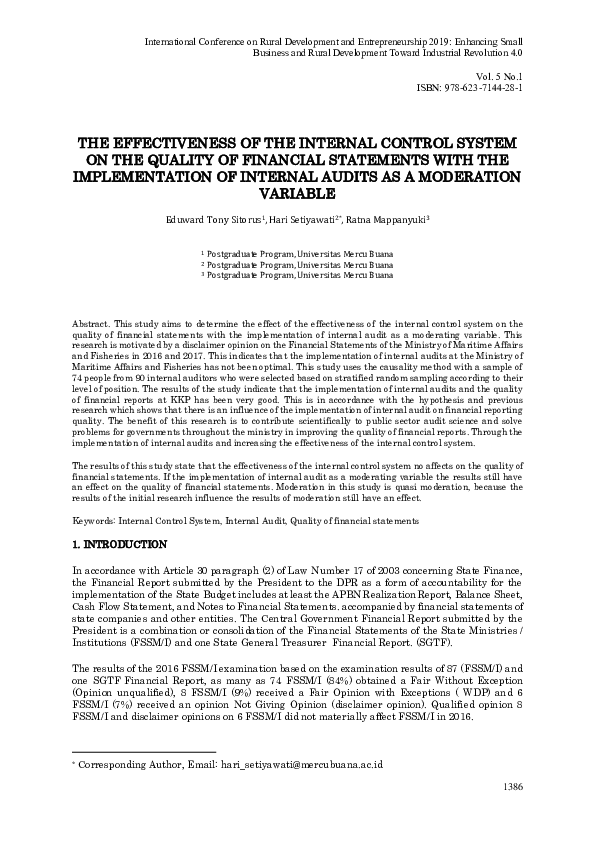 (PDF) The Effectiveness of the Internal Control System on the Quality of Financial Statements ...