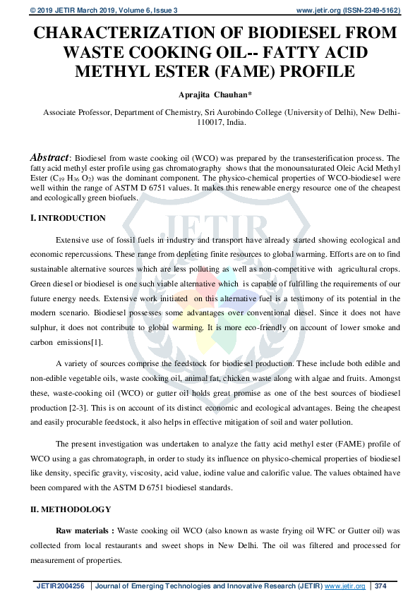 (PDF) Characterization of Biodiesel from Waste Cooking Oil -- Fatty ...