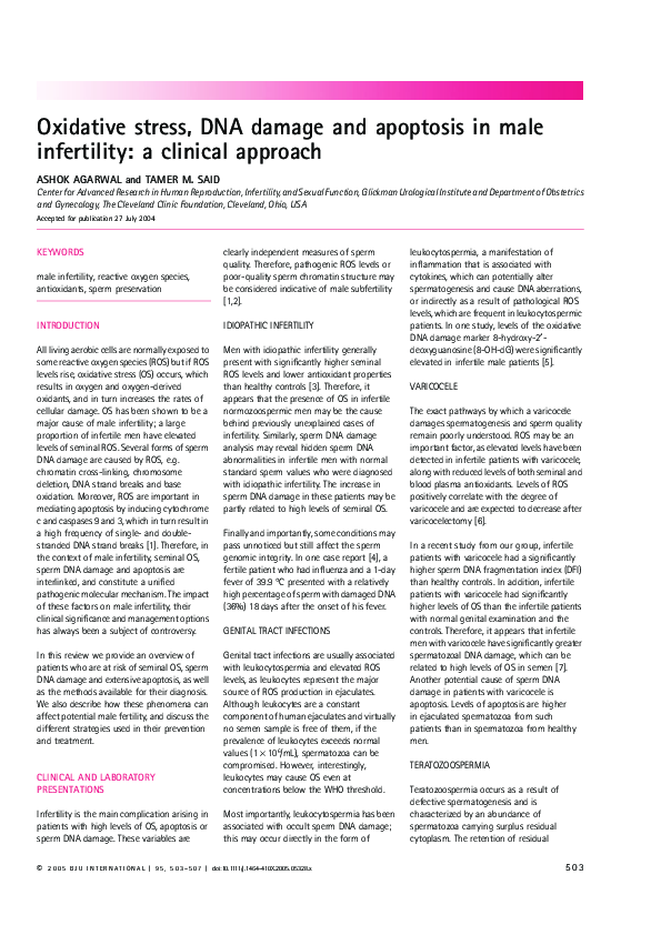 (PDF) Oxidative stress, DNA damage and apoptosis in male infertility: a clinical approach