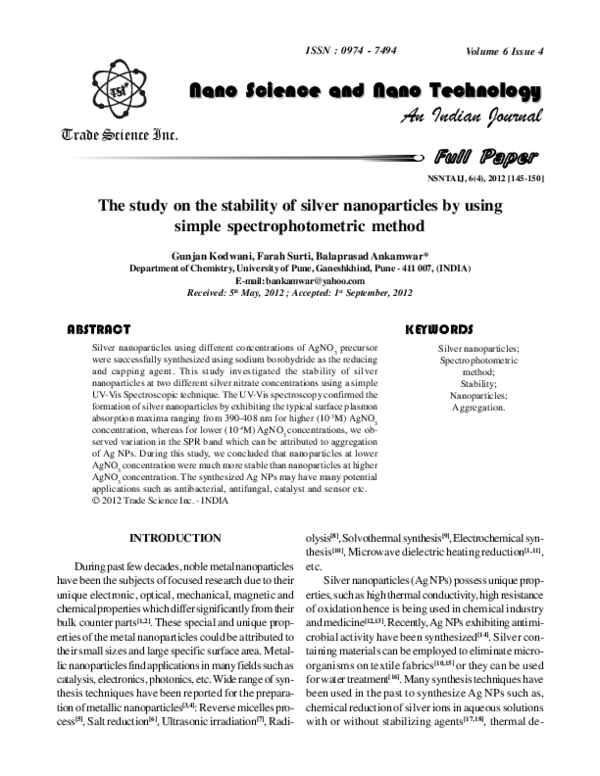 (PDF) The study on the stability of silver nanoparticles by using simple spectrophotometric method