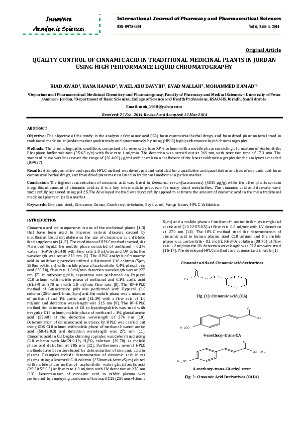 (PDF) Quality Control of Cinnamic Acid in Traditional Medicinal Plants ...