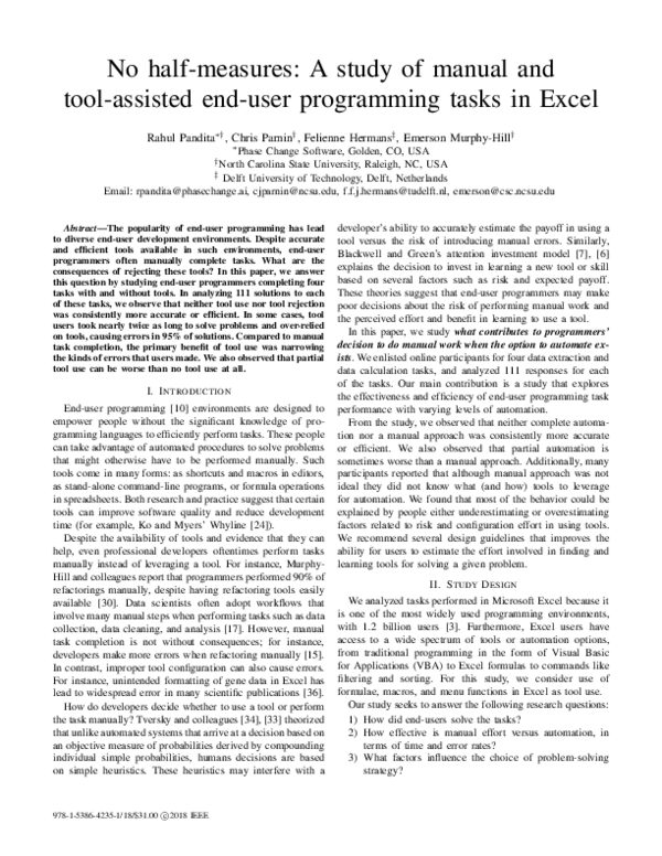 (PDF) No half-measures: A study of manual and tool-assisted end-user programming tasks in Excel