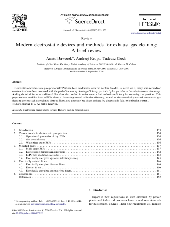 (PDF) Modern electrostatic devices and methods for exhaust gas cleaning: A brief review | Moiz ...