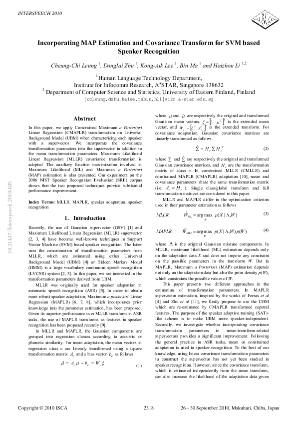 (PDF) Incorporating MAP estimation and covariance transform for SVM based speaker recognition