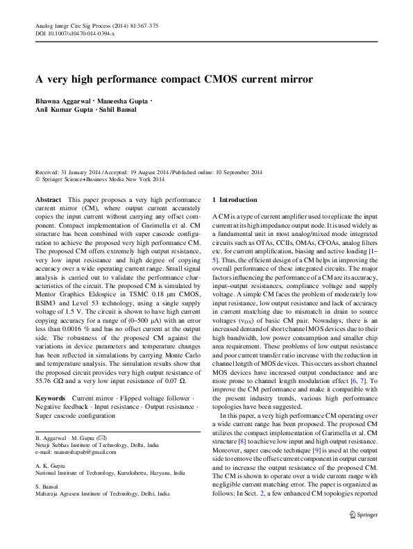 (PDF) A very high performance compact CMOS current mirror
