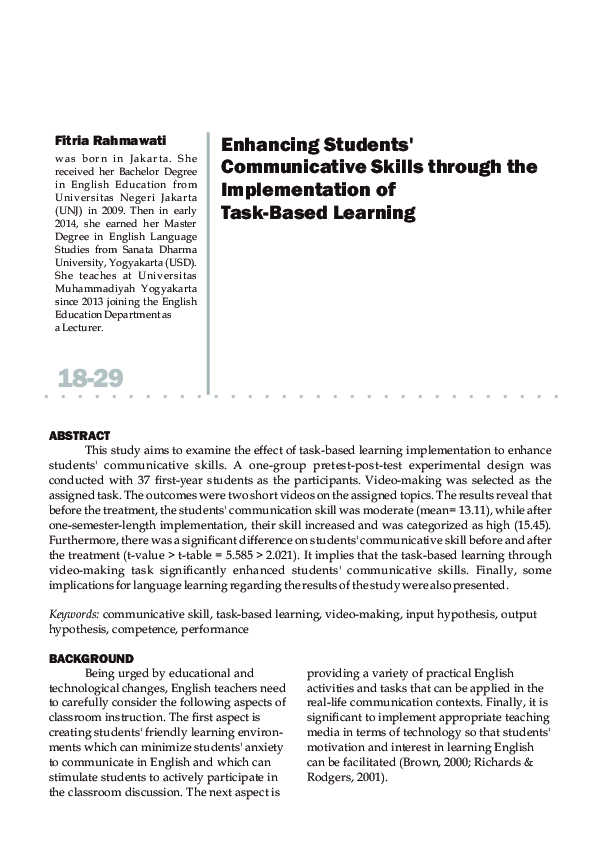 (PDF) Enhancing Students' Communicative Skills through the Implementation of Task-Based Learning