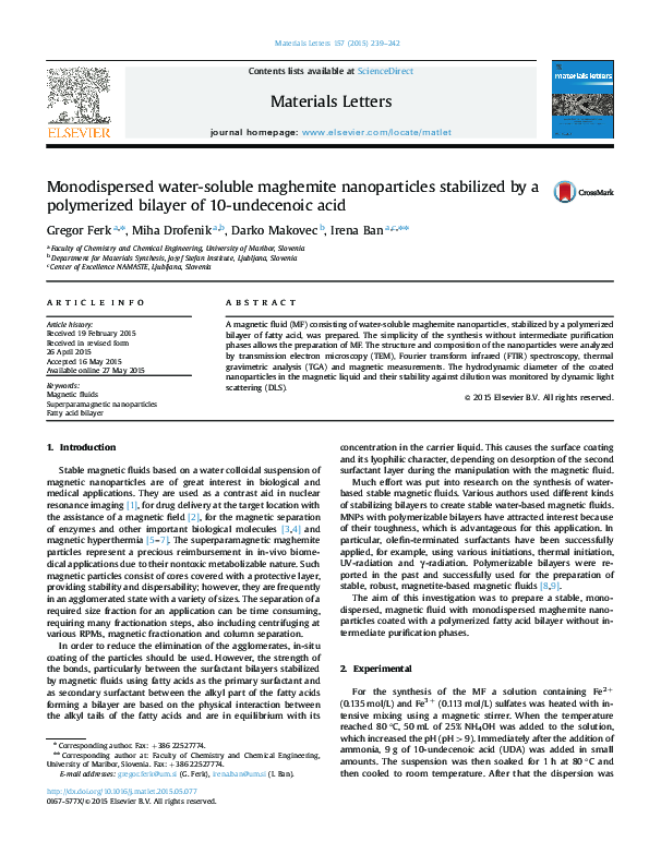 (PDF) Monodispersed water-soluble maghemite nanoparticles stabilized by ...
