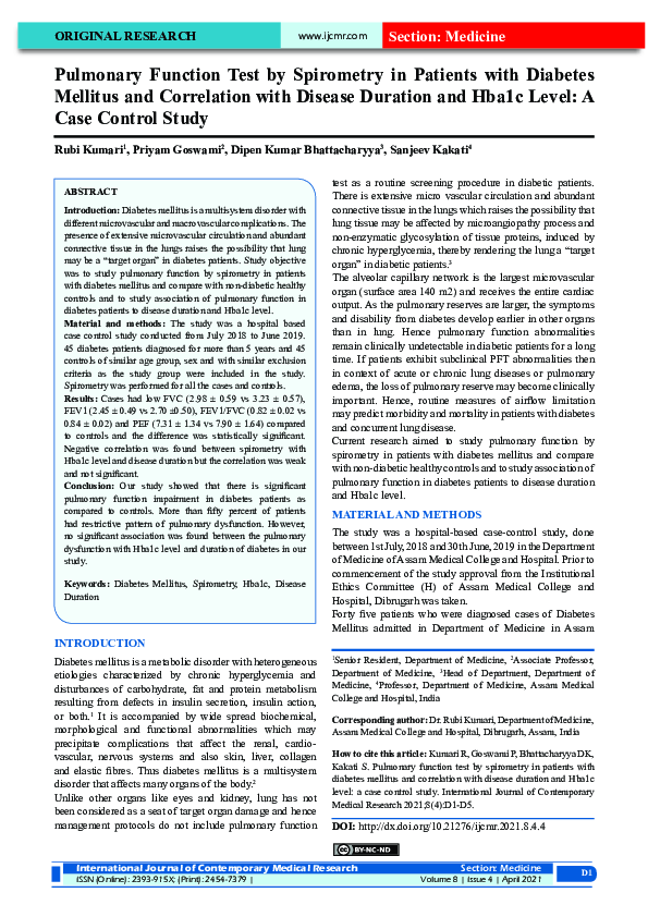 (PDF) Pulmonary Function Test by Spirometry in Patients with Diabetes ...