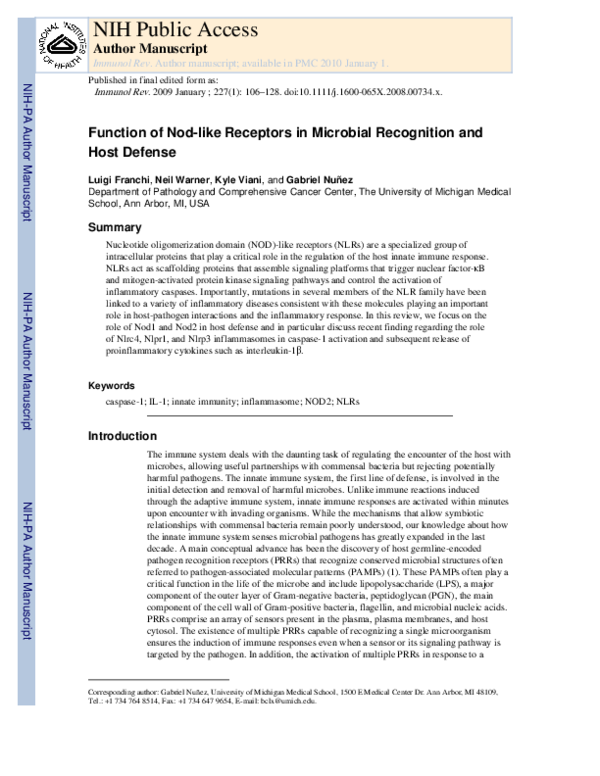 (PDF) Function of Nod-like receptors in microbial recognition and host ...