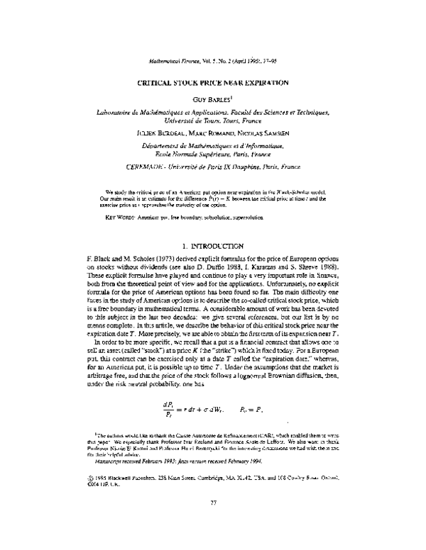 (PDF) Critical Stock Price Near Expiration