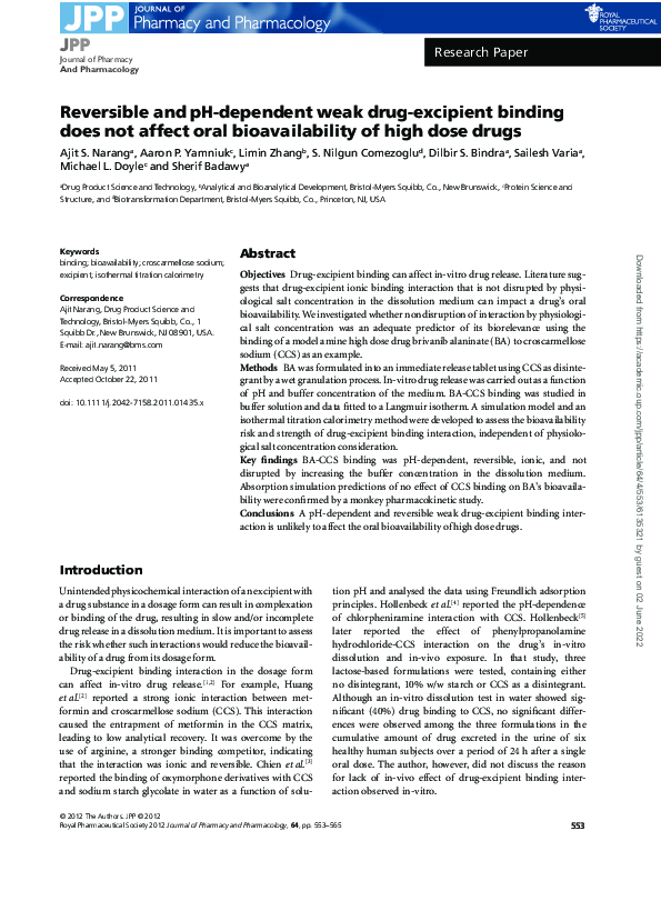 (PDF) Reversible and pH-dependent weak drug-excipient binding does not ...