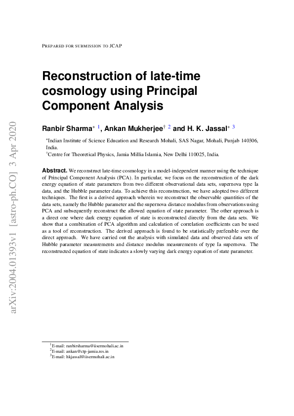 (PDF) Reconstruction of latetime cosmology using principal component analysis | Ankan Mukherjee ...
