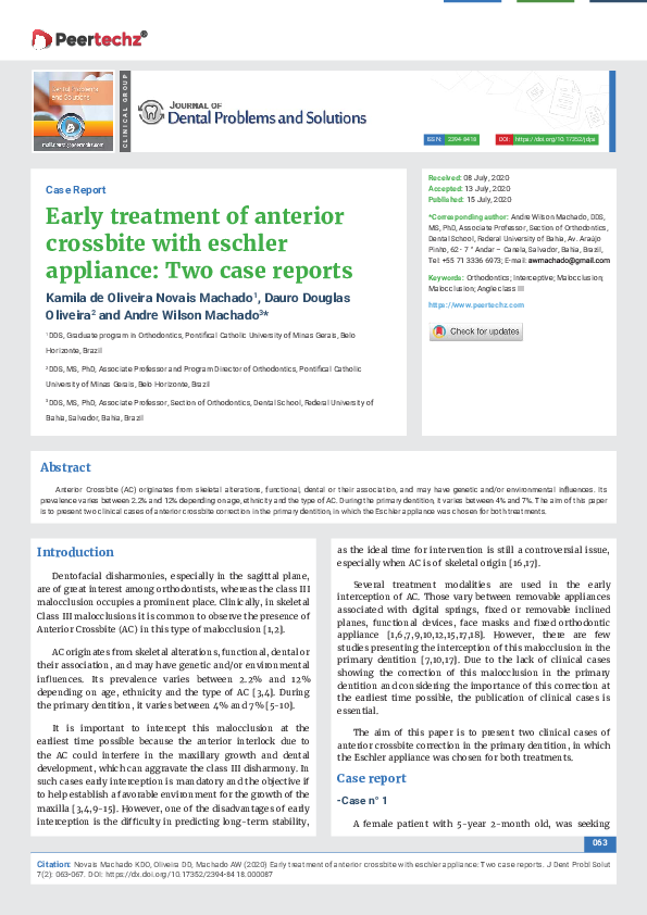 (PDF) Early treatment of anterior crossbite with eschler appliance: Two ...
