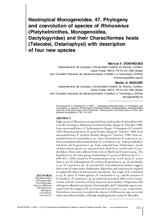 (PDF) Neotropical Monogenoidea. 47. Phylogeny and coevolution of ...