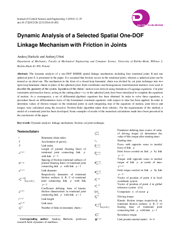 (PDF) Dynamic Analysis of a Selected Spatial One-DOF Linkage Mechanism ...