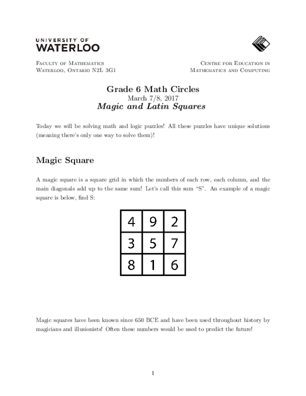 (PDF) Magic and Latin Squares