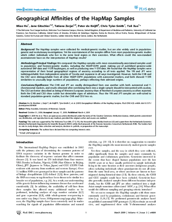 (PDF) Geographical Affinities of the HapMap Samples