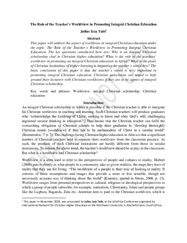 (PDF) The Role of the Teacher's Worldview in Promoting Integral ...
