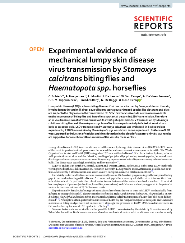 (PDF) Experimental evidence of mechanical lumpy skin disease virus ...