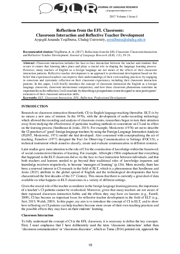 (PDF) Reflections from the EFL Classroom: Classroom Interaction and Reflective Teacher Development