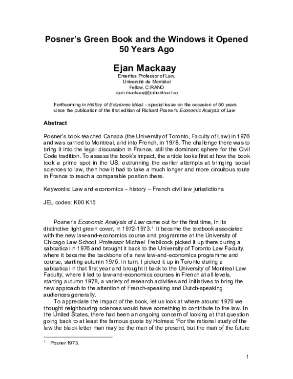 (PDF) Posner's Green Book and the Windows it Opened 50 Years Ago