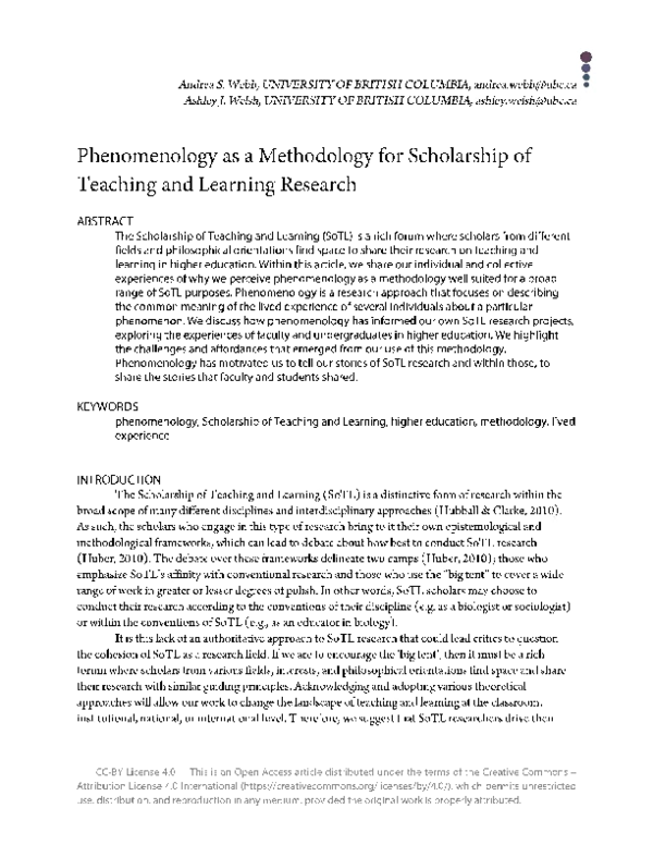 (PDF) Phenomenology as a methodology for Scholarship of Teaching and ...