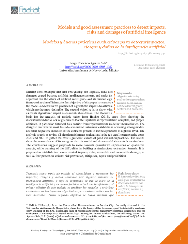 (PDF) Models and good evaluative practices to detect impacts, risks and damages of artificial ...