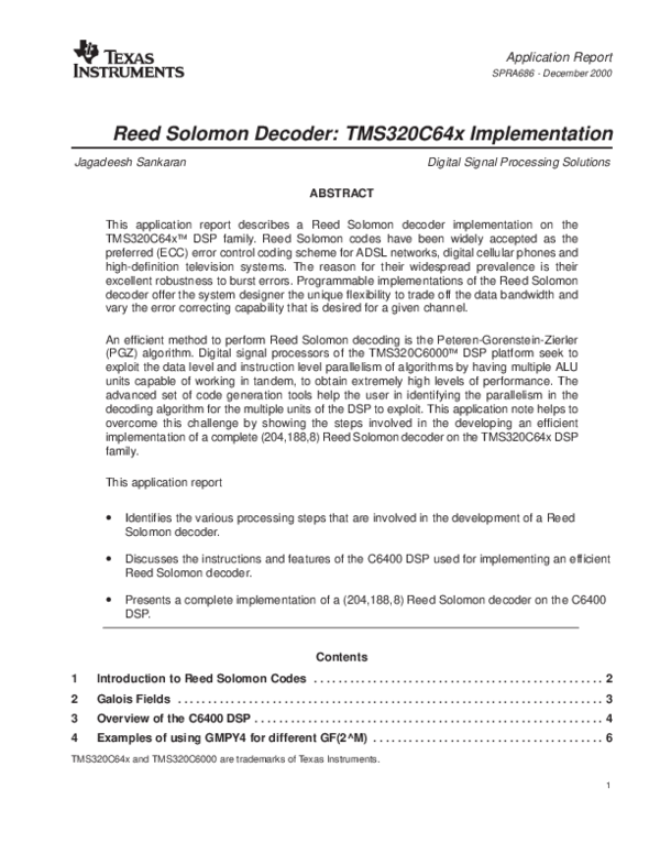 Pdf Reed Solomon Decoder Tms320c64x Implementation 2026