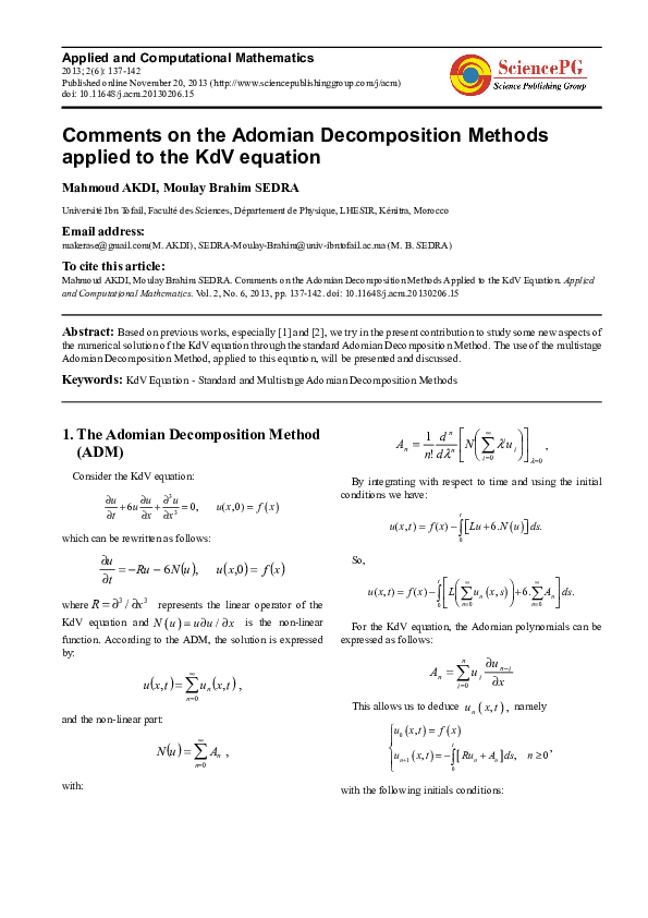 (PDF) Comments on the Adomian Decomposition Methods Applied to the KdV Equation