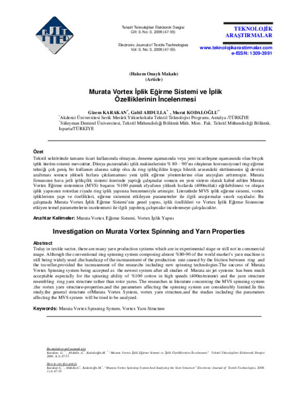 (PDF) Murata Vortex Spinning System And Analysing the Yarn Structure