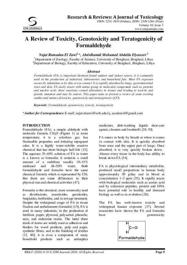 (PDF) A Review of Toxicity, Genotoxicity and Teratogenicity of Formaldehyde
