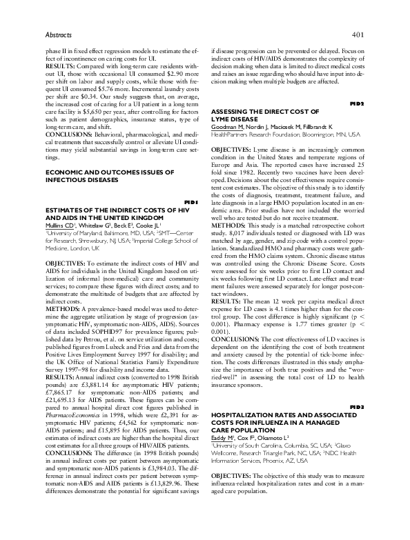 (PDF) PID2: Assessing the Direct Cost of Lyme Disease | Kelly Fillbrandt - Academia.edu