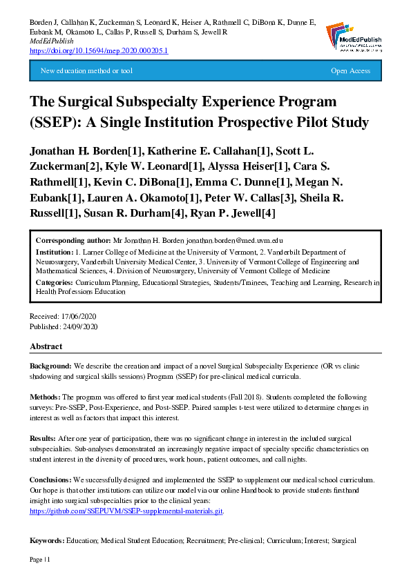 (PDF) The Surgical Subspecialty Experience Program (SSEP): A Single ...