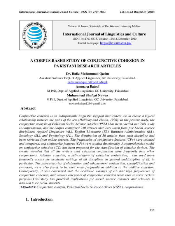 (PDF) A Corpus-Based Study of Conjunctive Cohesion in Pakistani ...