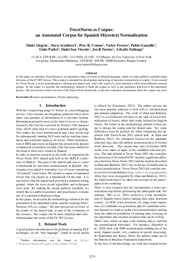 (PDF) TweetNorm es Corpus: an Annotated Corpus for Spanish Microtext Normalization