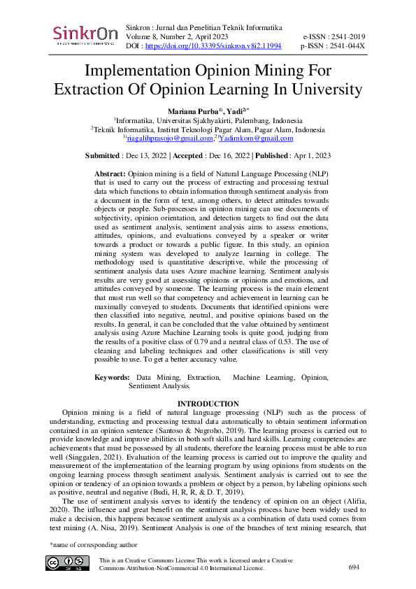 (PDF) Implementation Opinion Mining For Extraction Of Opinion Learning In University