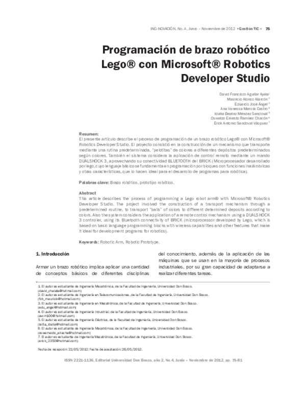 (PDF) Programación de brazo robótico Lego® con Microsoft® Robotics Developer Studio | erick ...