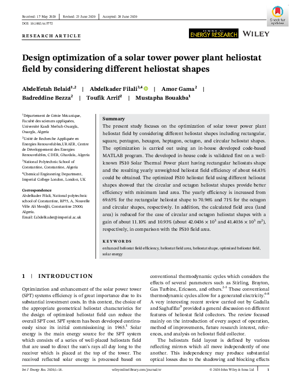 (PDF) Design optimization of a solar tower power plant heliostat field by considering different ...