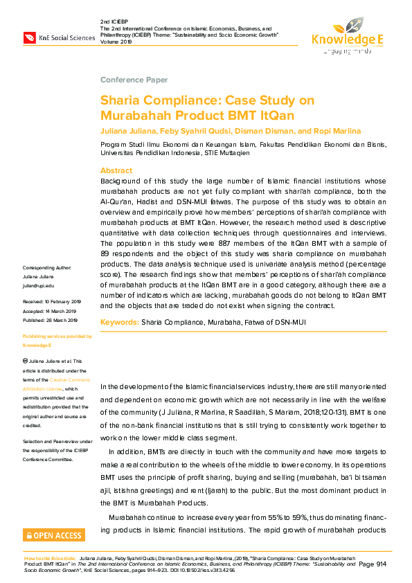 (PDF) Sharia Compliance: Case Study on Murabahah Product BMT ItQan