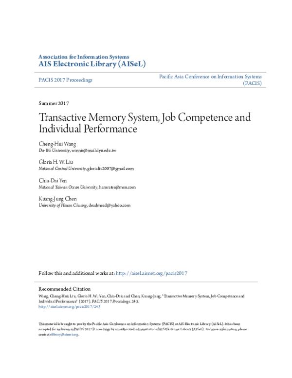 (PDF) Transactive Memory System, Job Competence and Individual Performance