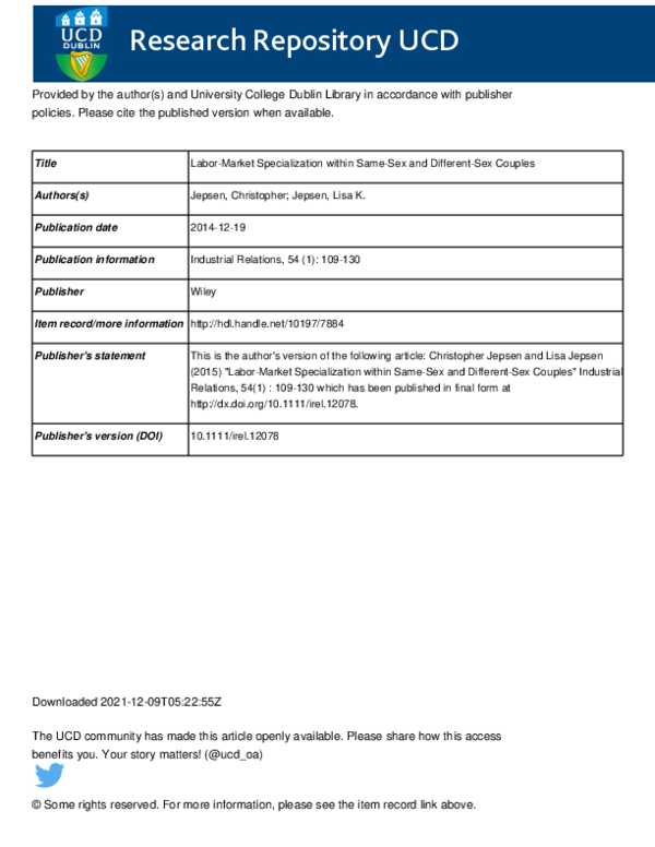Pdf Labor Market Specialization Within Same Sex And Difference Sex Couples